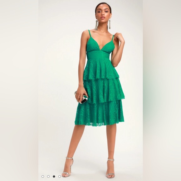 Lulu's | Dresses | Lulus Endless Romance Green Lace Ruffled Midi Dress ...